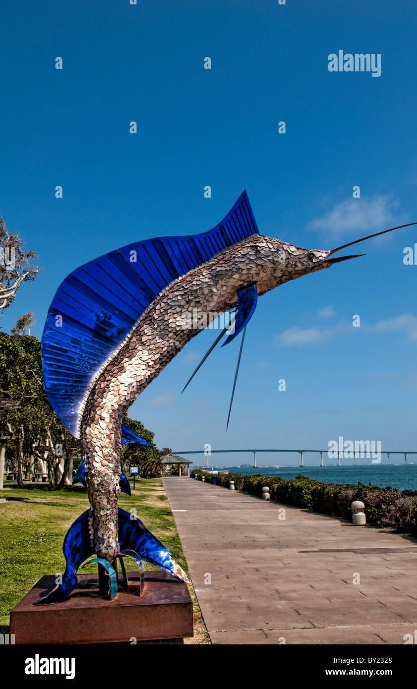 Giant Marlin statue at pier in Seaport Village at San Diego Bay in ...