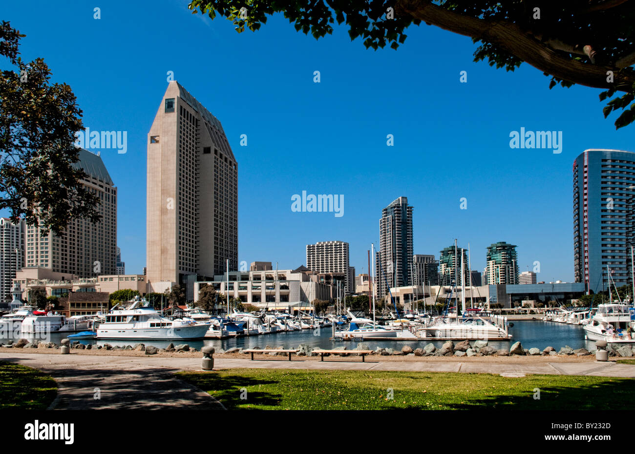 Seaport Village Marina in San Diego Bay in California with boats and ...