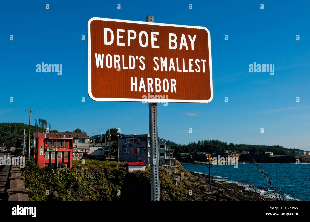 Depoe Bay Oregon harbor sign for World's smallest harbor on coast of ...