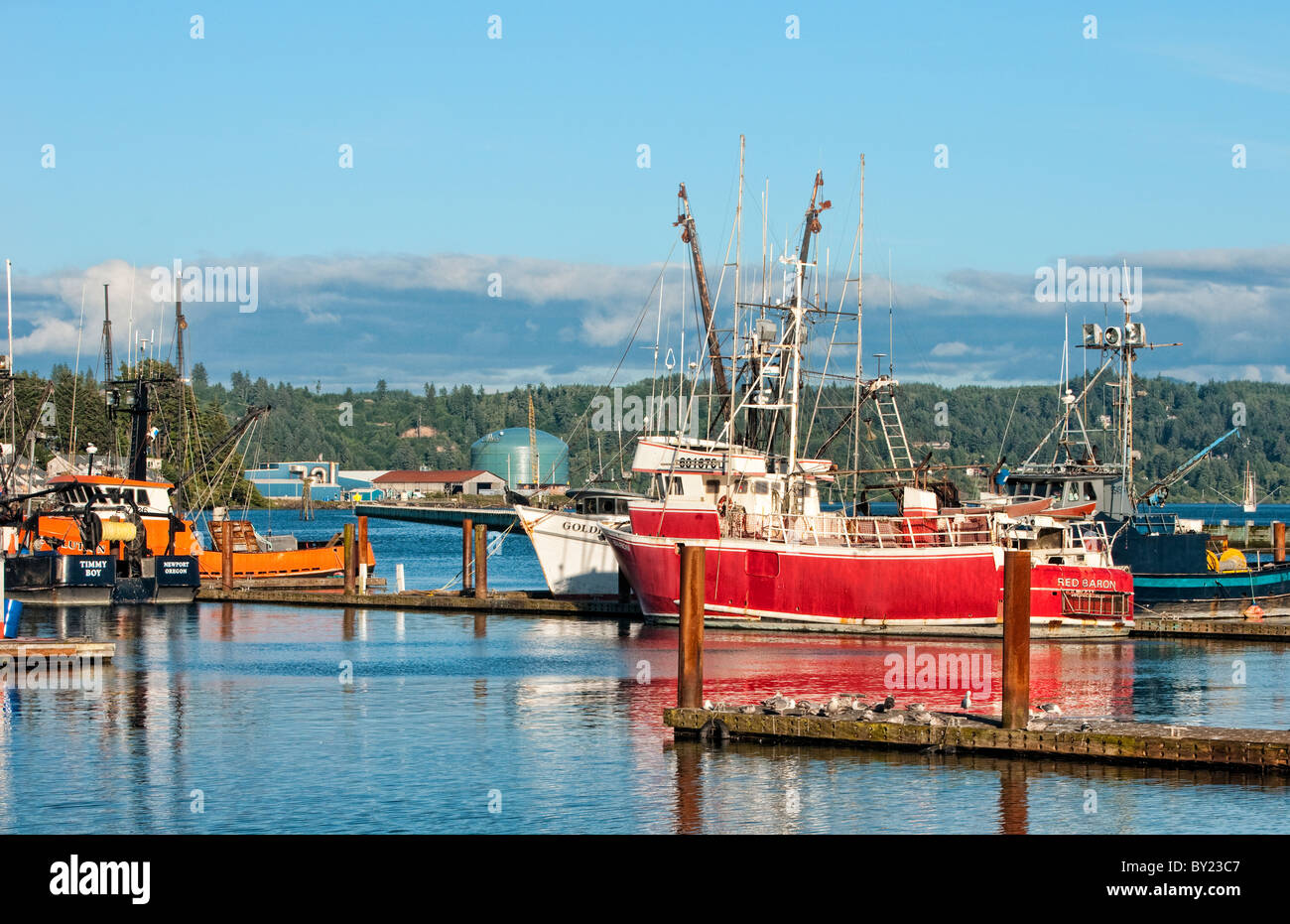 Beautiful old working fishing boats in harbor at sunset in Newport ...