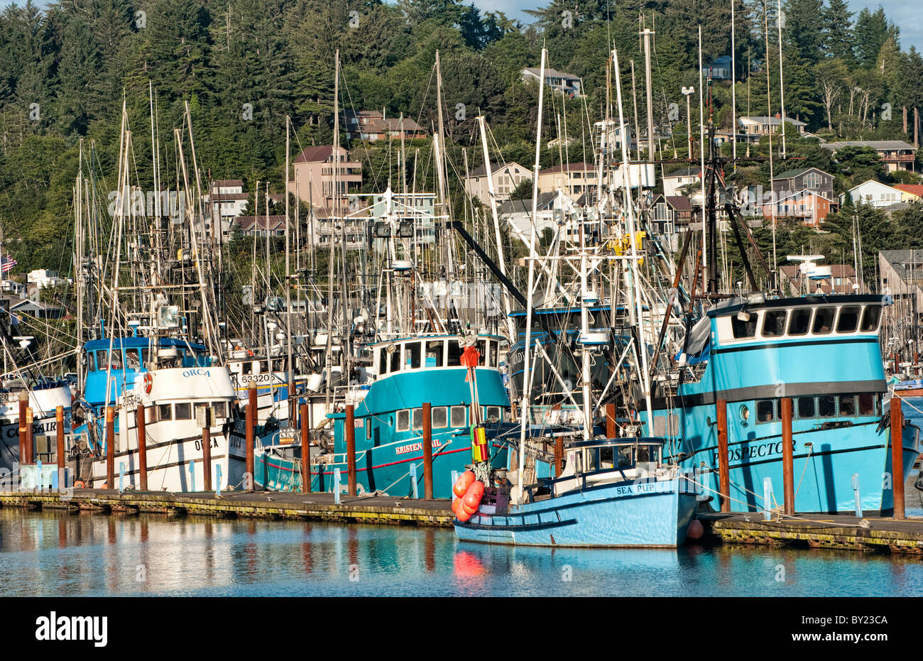 Beautiful old working fishing boats in harbor at sunset in Newport ...