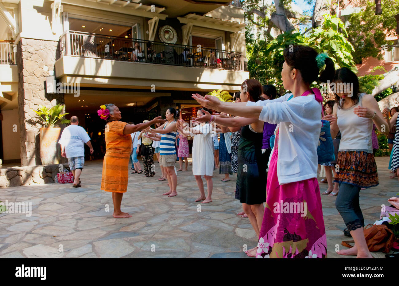 Hawaiian lady teaching Hu7la Dance to Asian women at Sheraton Waikiki ...