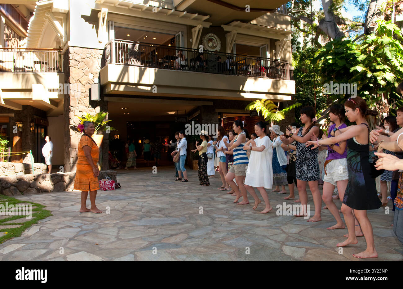 Hawaiian lady teaching Hu7la Dance to Asian women at Sheraton Waikiki ...