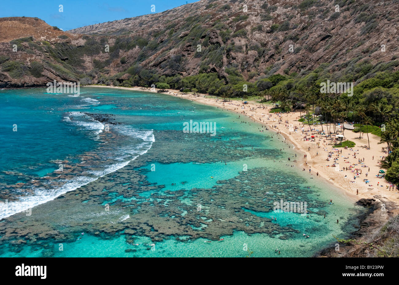 Beautiful aerial from above of Hanauma Bay for snorkelers in reef near ...