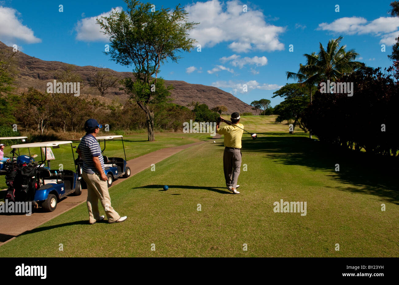 Hawaii golf Japanese golfers on hole 15 at Makaha Resort in Oahu in ...