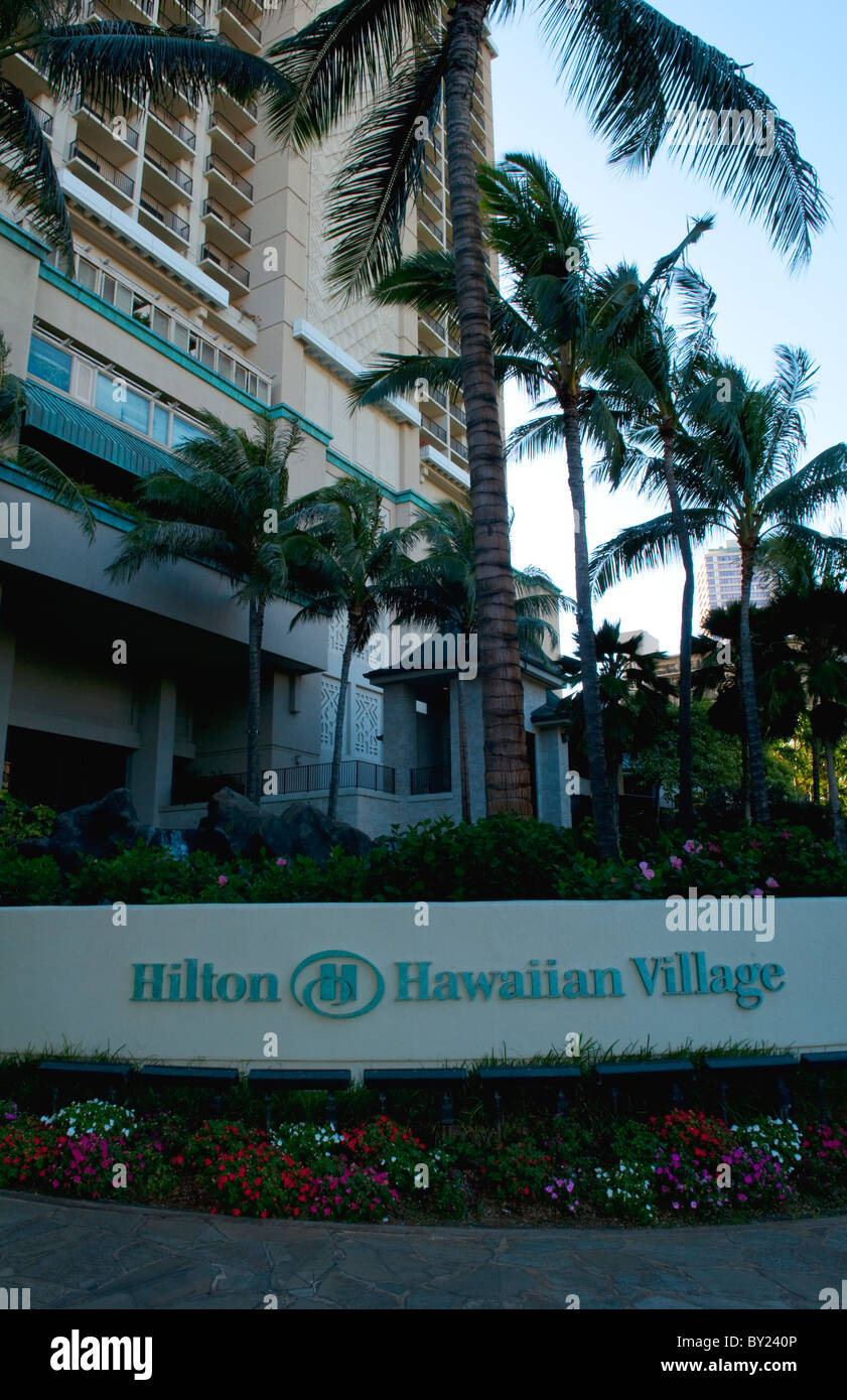 Honolulu Hawaii sign of famous Hilton Hawaiian Village in Waikiki Beach ...