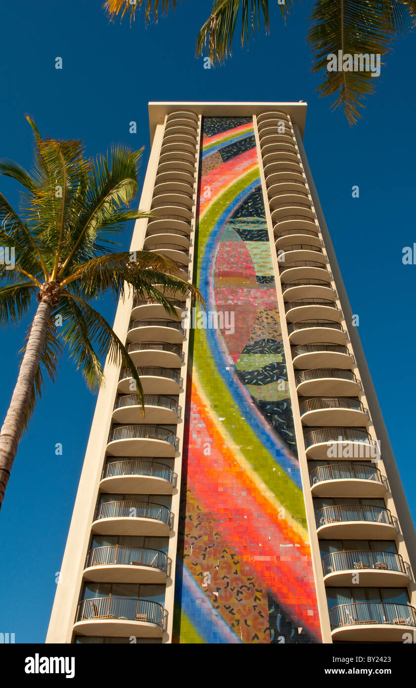 Honolulu Hawaii looking up at famous Rainbow Tower of Hilton Waikiki ...