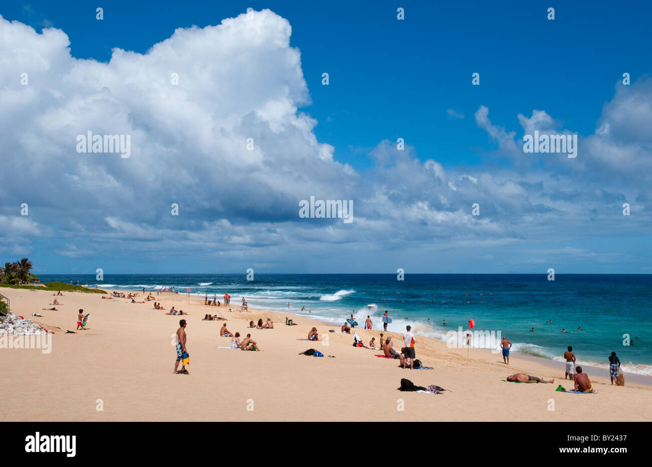 Hawaii Honolulu people at beautiful white sand beach of Sandy's Beach ...