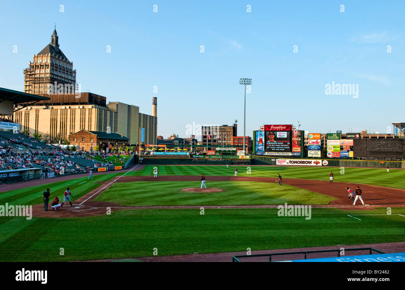 Night professional baseball game at Frontier Field Stadium in Rochester ...