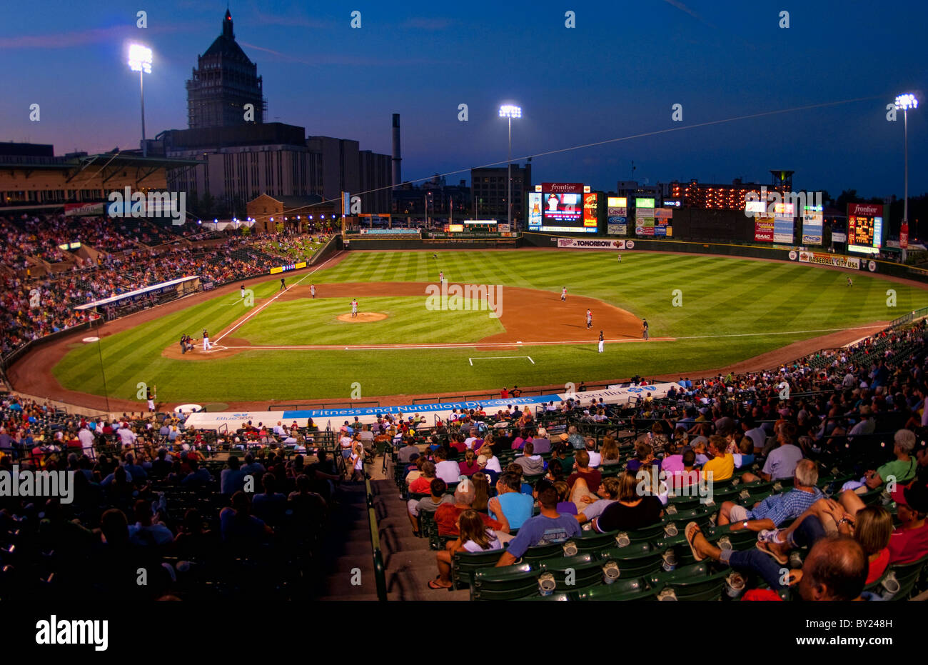 Night professional baseball game at Frontier Field Stadium in Rochester ...