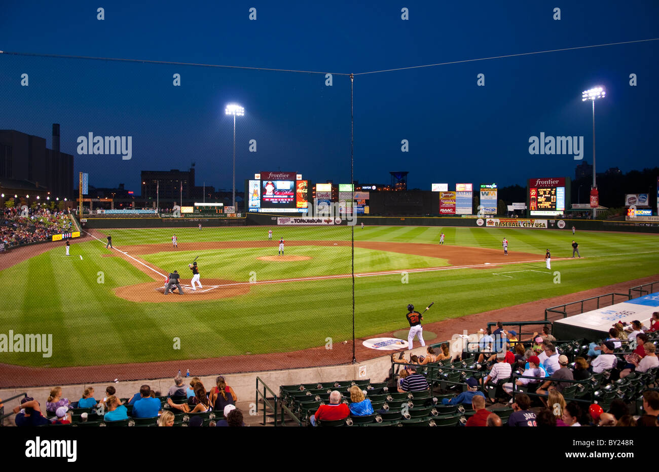 Night professional baseball game at Frontier Field Stadium in Rochester ...