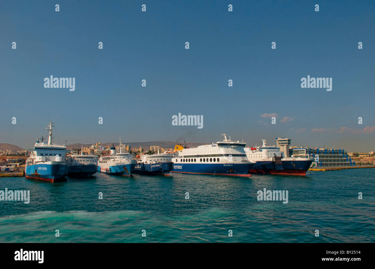 Daytime ferry ride from Piraeus port in Athens Greece of ferry launches ...