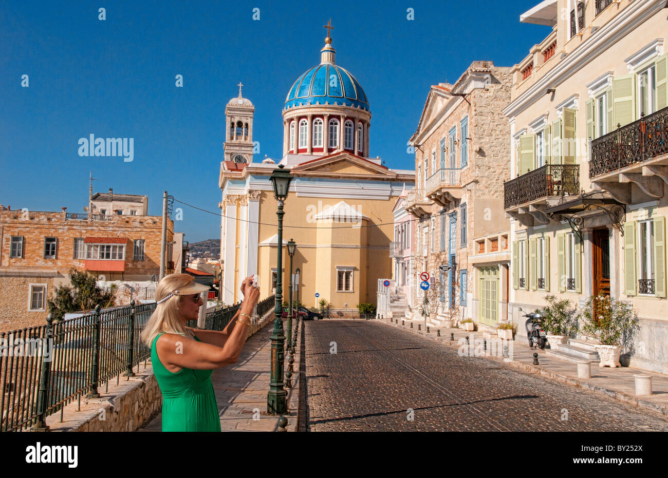 Syros Greece Islands with tourist and camera woman in Hermoupolis ...