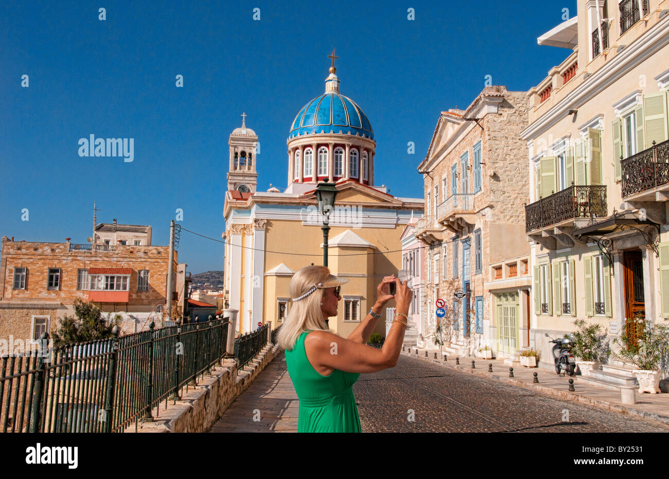 Syros Greece Islands with tourist and camera woman in Hermoupolis ...