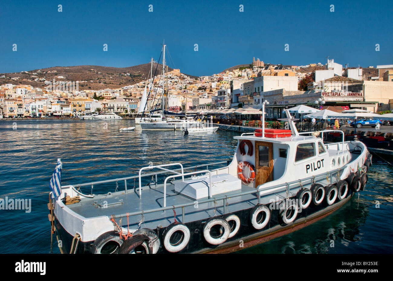 Syros Greece Islands in Hermoupolis capital in marina harbor boats ...