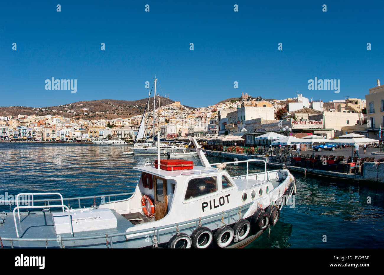 Syros Greece Islands in Hermoupolis capital in marina harbor boats ...