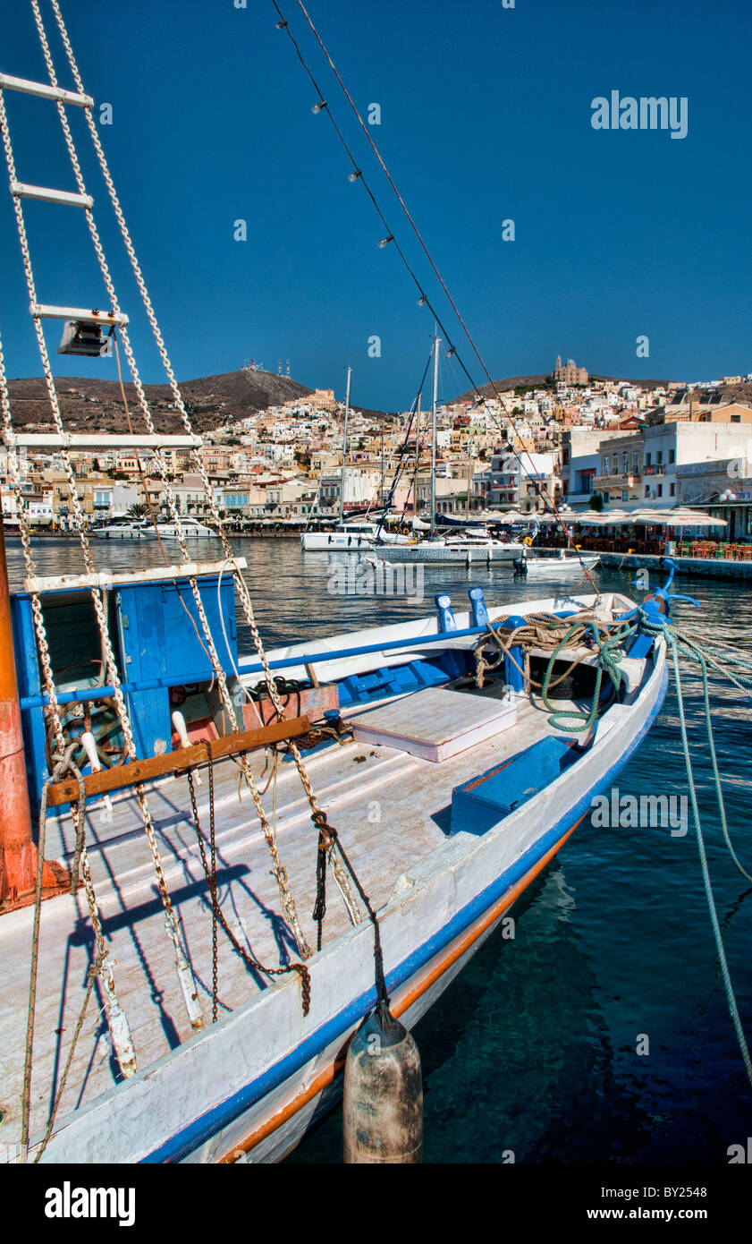 Syros Greece Islands in Hermoupolis capital in marina harbor boats ...