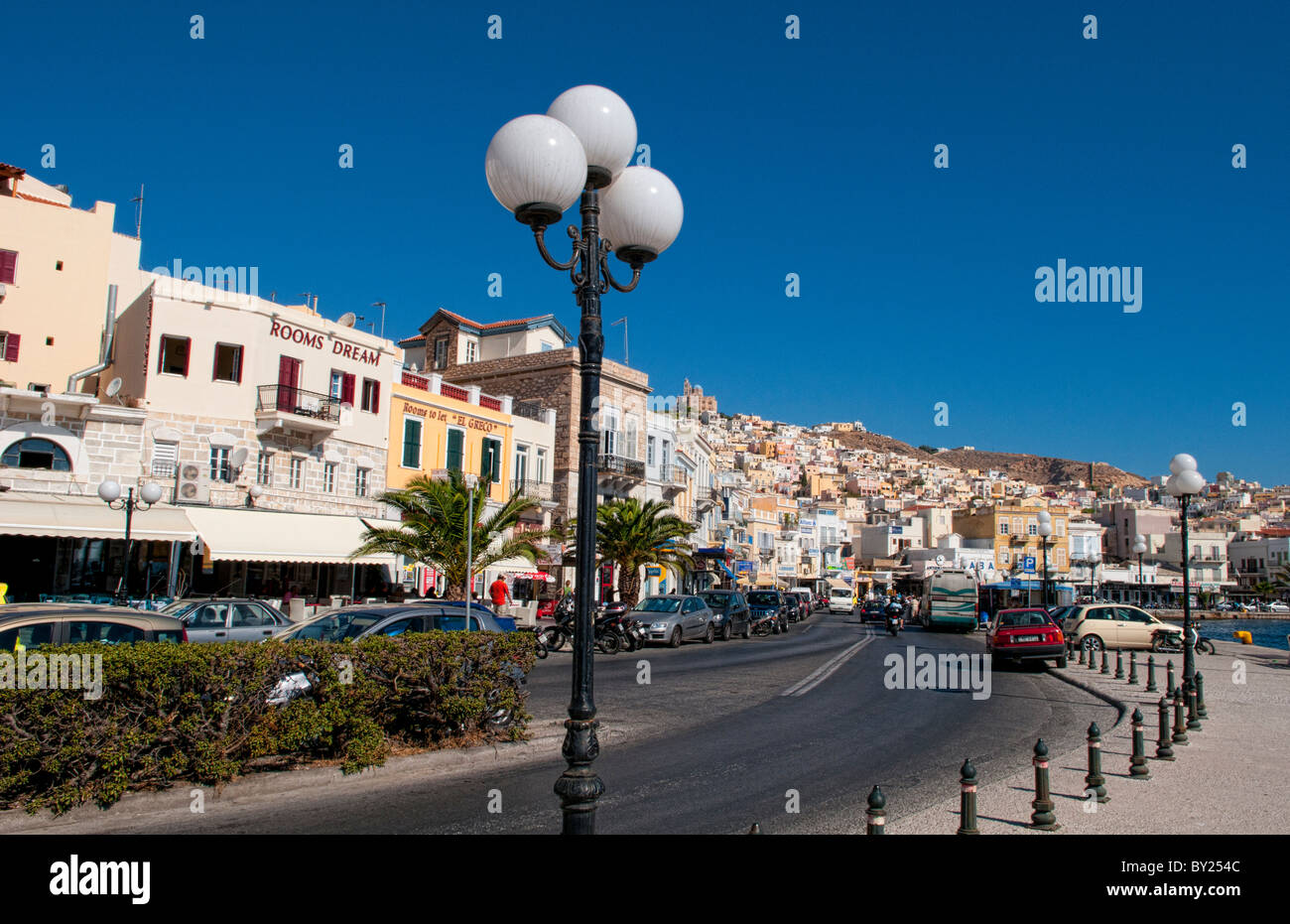 Syros Greece Islands Hermoupolis capital on main street with shops and ...