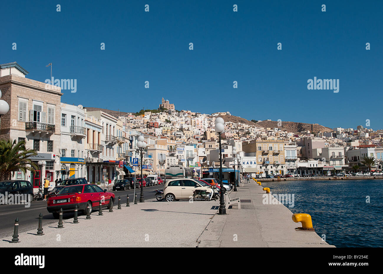 Syros Greece Islands Hermoupolis capital on main street with shops and ...
