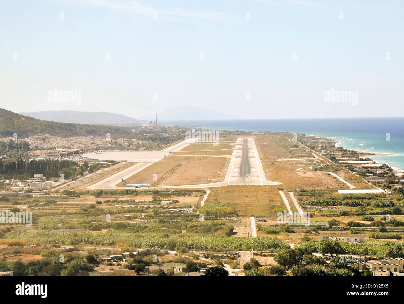 runway approach shot at the Rhodes Diagoras Airport, Greece Stock Photo ...