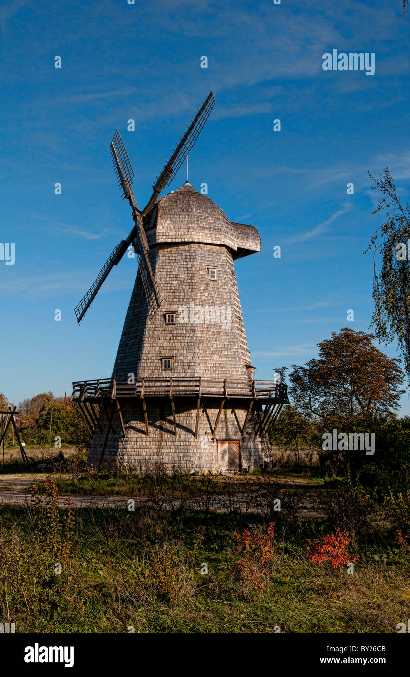 Old fashioned wooden windmill in yard for power in Bauska Latvia Stock ...