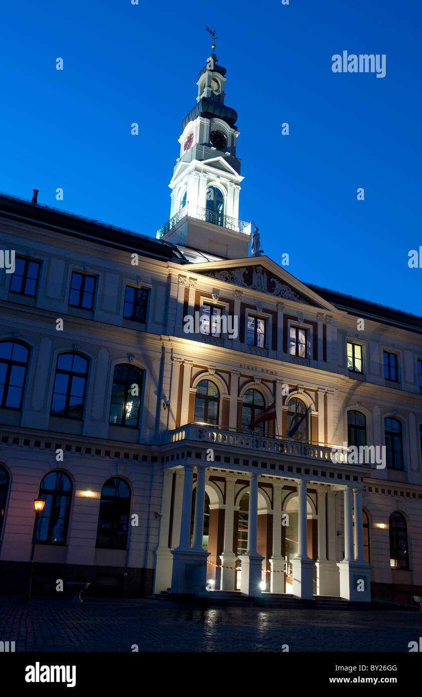 Riga Latvia modern capital night exposure of buildings in Townhall ...