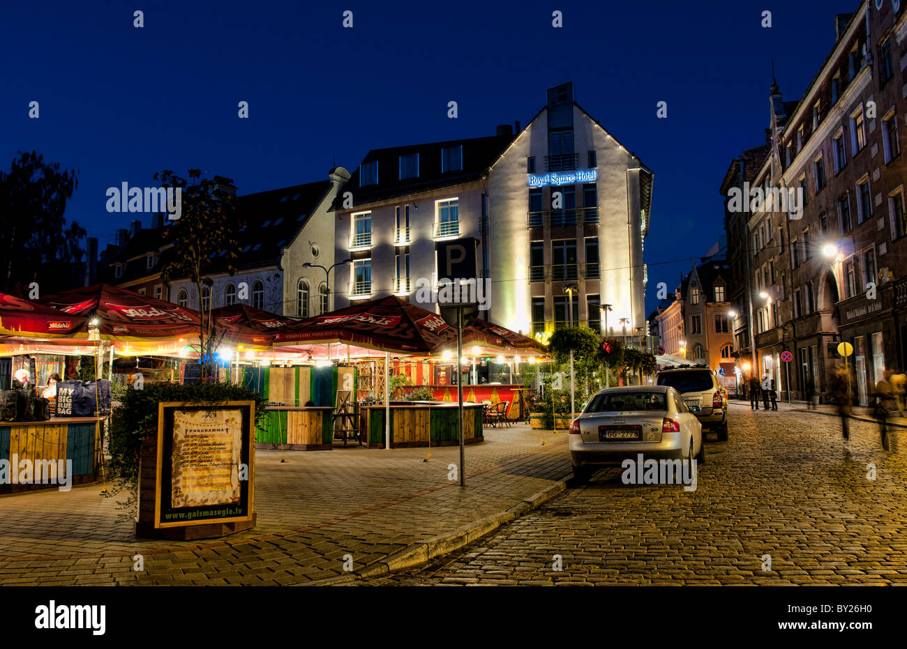 Riga Latvia modern capital night exposure of buildings in Townhall ...