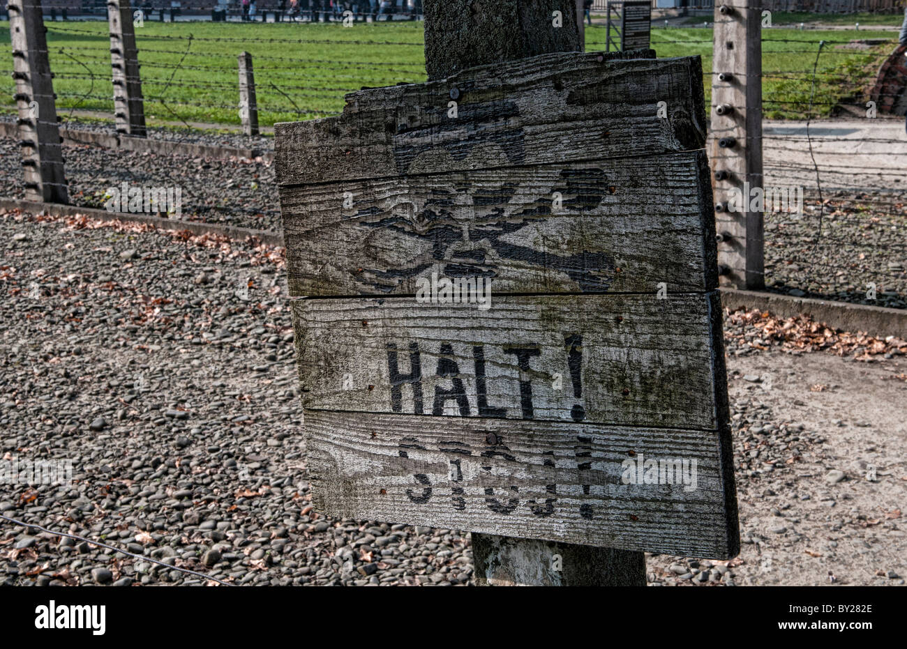 Auschwitz Concentration Camp horror Oswiecim Poland Halt sign stoj ...
