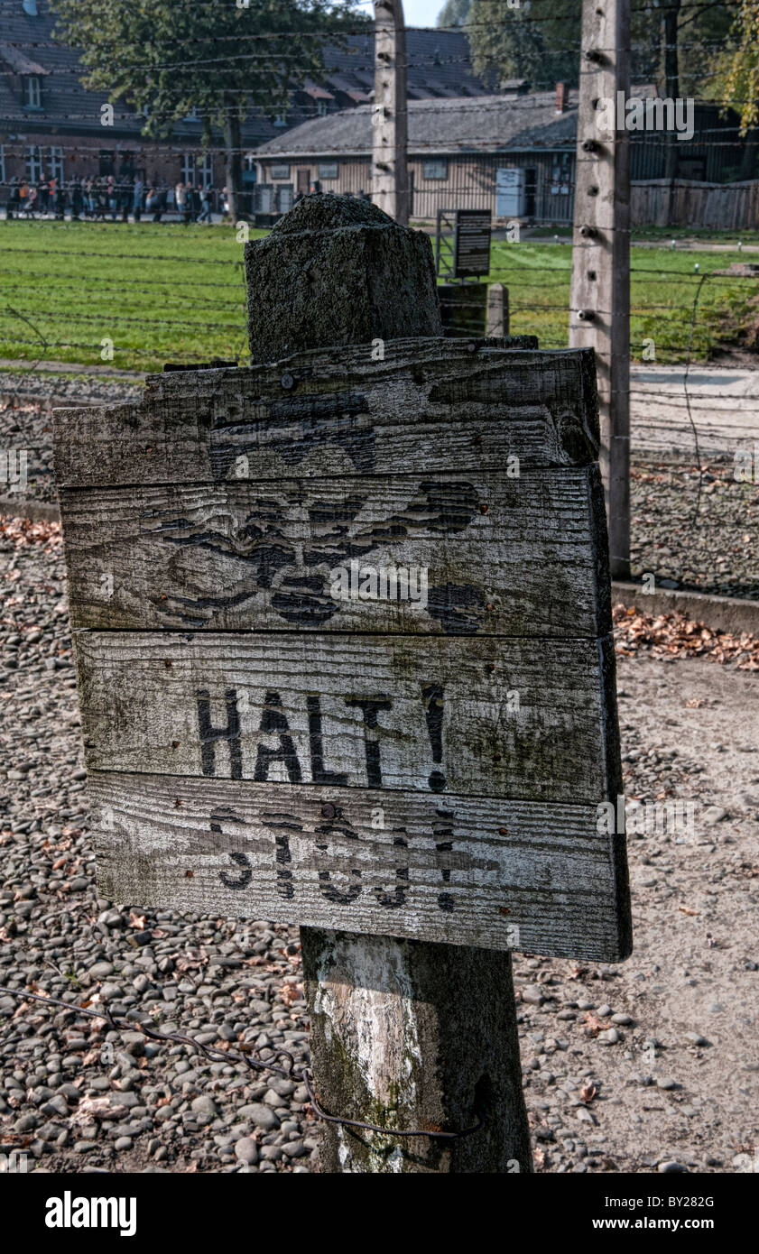 Auschwitz Concentration Camp horror Oswiecim Poland Halt sign stoj ...