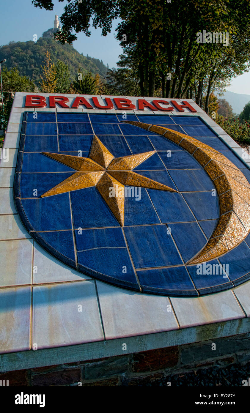 wonderful charming village on Rhine River of Braubach Germany city sign ...