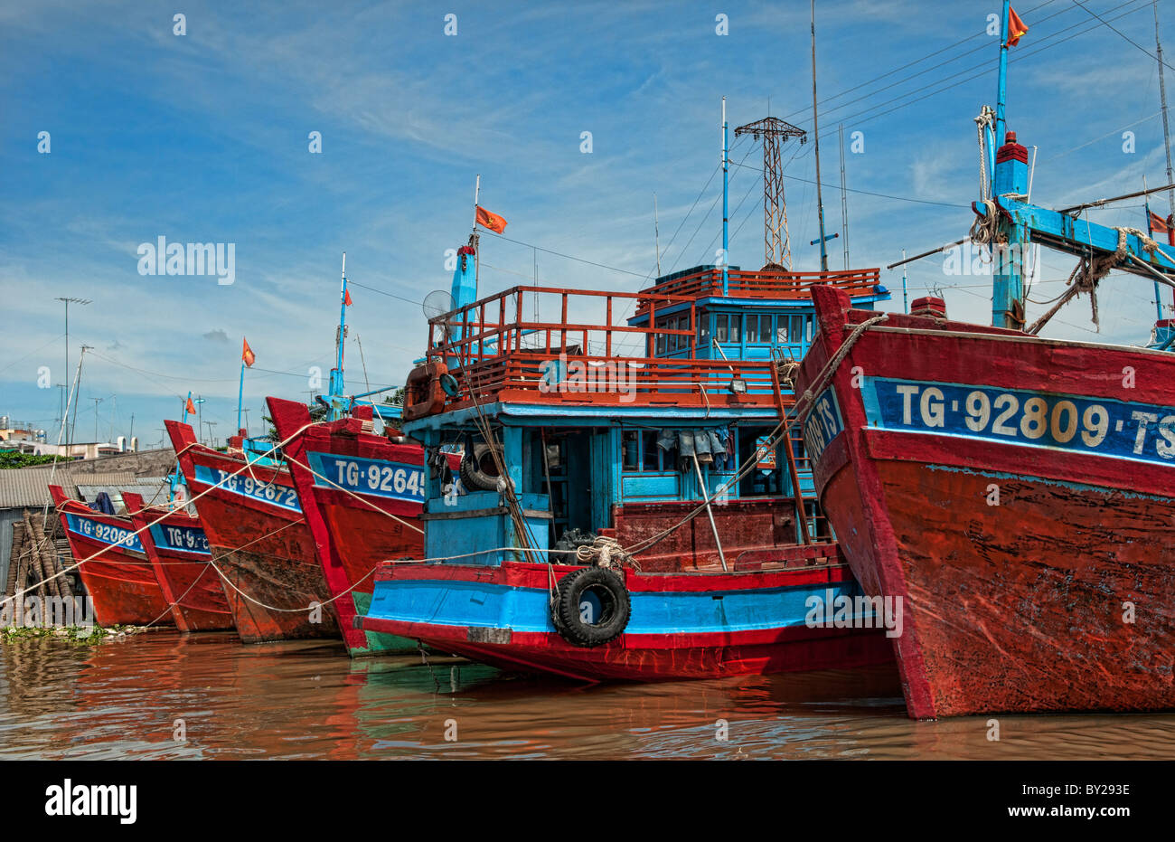 Mekong Delta life water river colorful graphic fishing boats in line ...