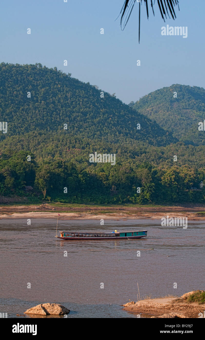 Beautiful river scene with boat on Mekong River in Luang Phabang Laos ...