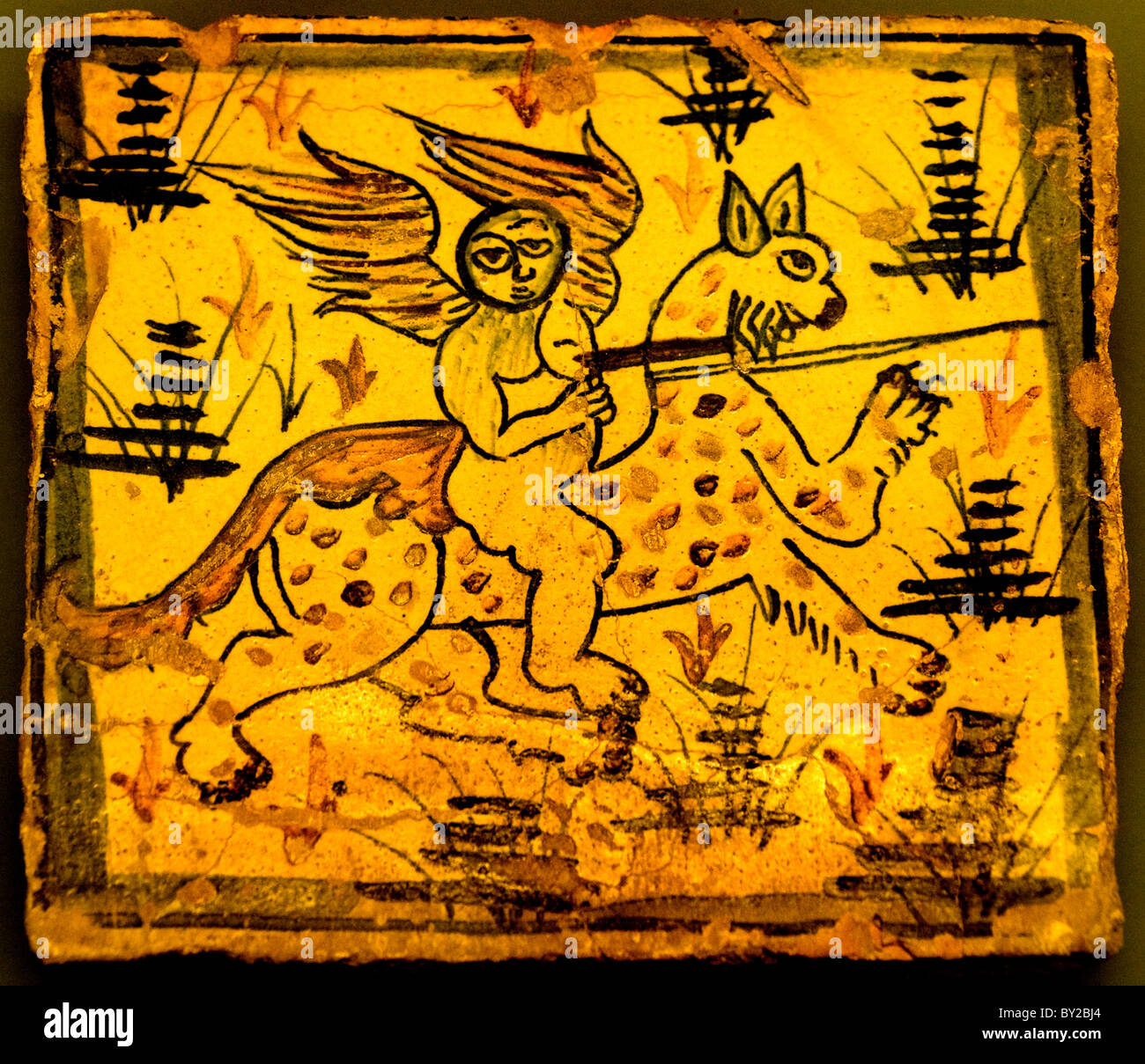 Tile winged human predator 1450 Italy Italian Majolica ceramic Middle ...