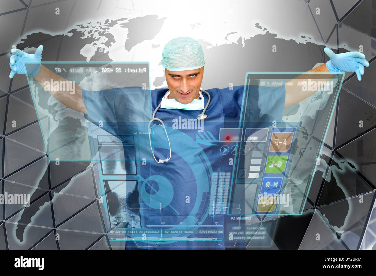 Doctor with high-tech computer screen viewing patient data Stock Photo ...