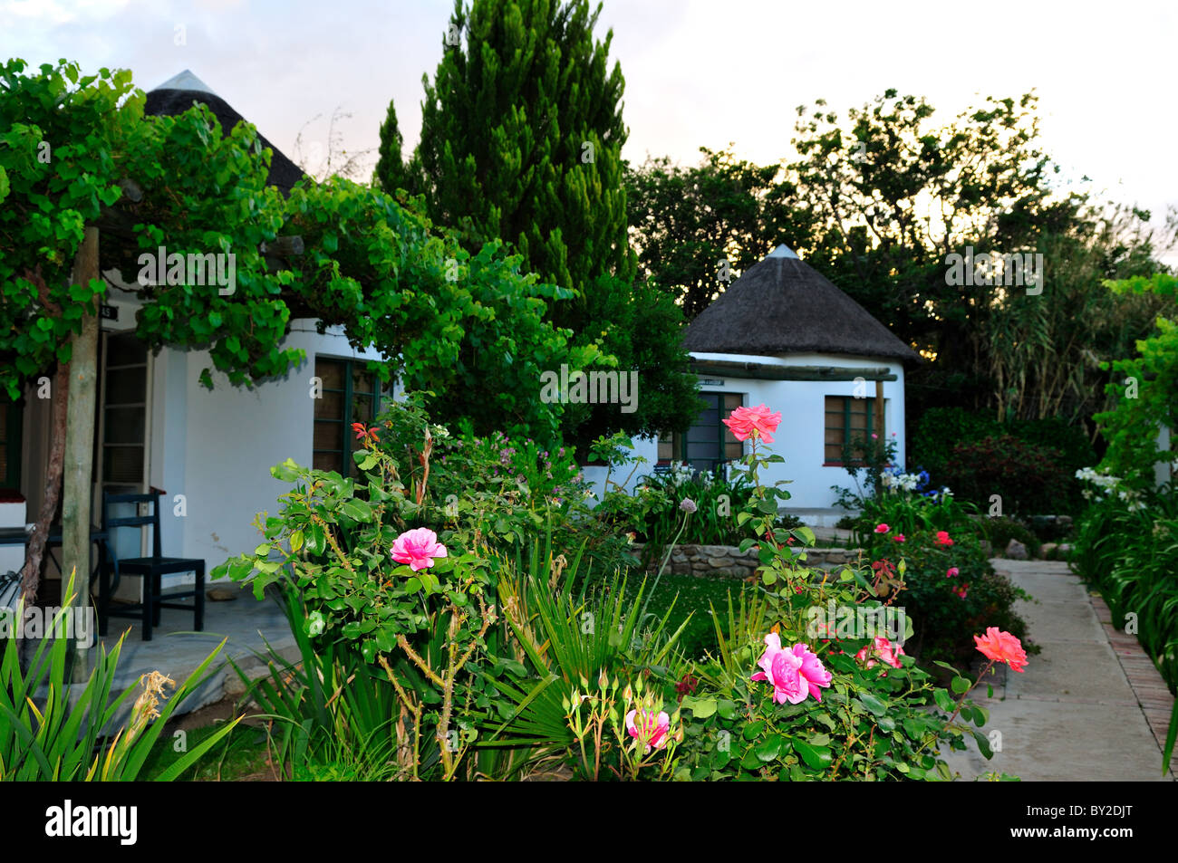 Flower garden and African style guest rooms. Prince Albert, South ...