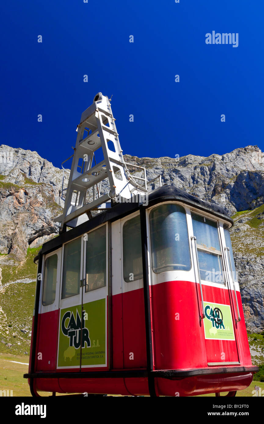 Old cable car on display at mountain base station at Fuente De in the ...
