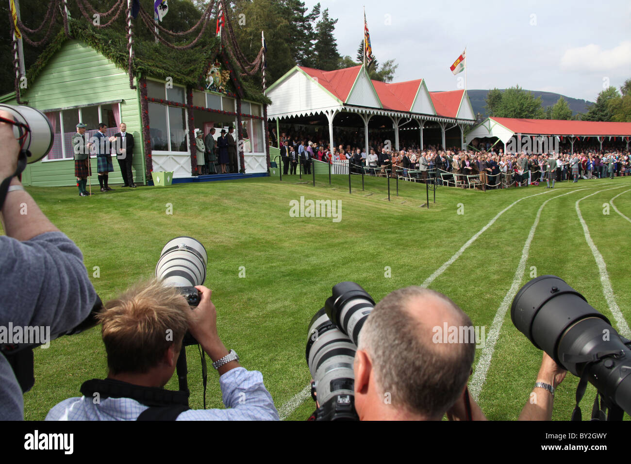 Village of Braemar, Scotland. Press photographing the Royal Family at ...