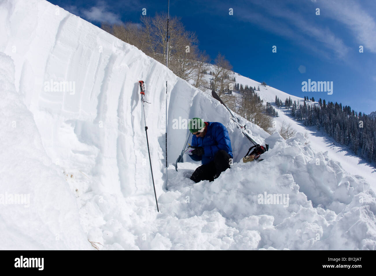 One man recording snow conditions in a snow pit on a blue sky day Stock ...