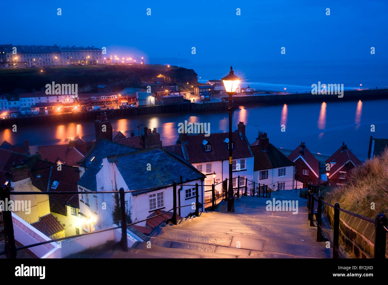 Early Morning view over Whitby harbour, taken from the famous Whitby ...