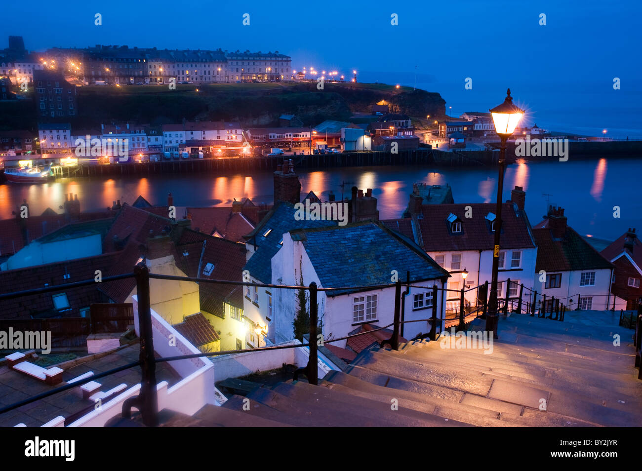 Early Morning view over Whitby harbour, taken from the famous Whitby ...