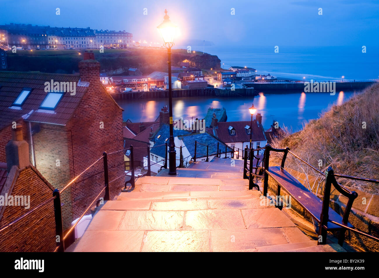 Early Morning view over Whitby harbour, taken from the famous Whitby ...
