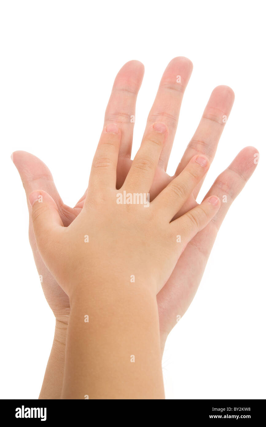 Adult hand and Children hand with white background Stock Photo - Alamy
