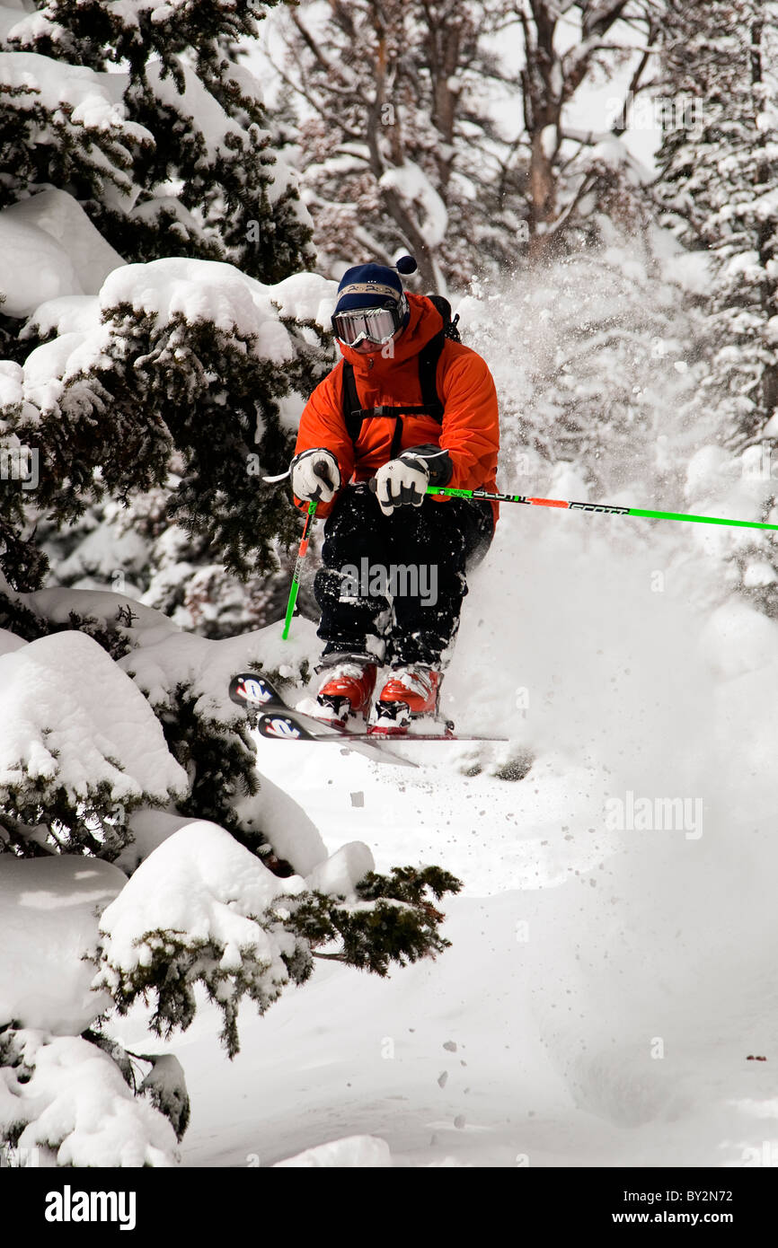 A male skier catches air while skiing through fresh powder snow in the ...