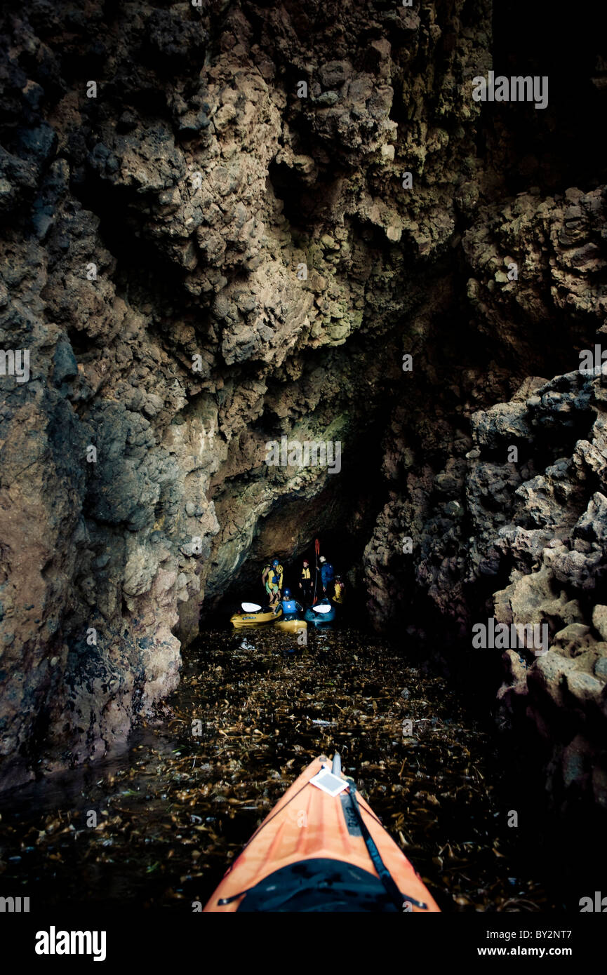 Kayaking deep into narrow sea caves on Santa Cruz Island in the Channel ...