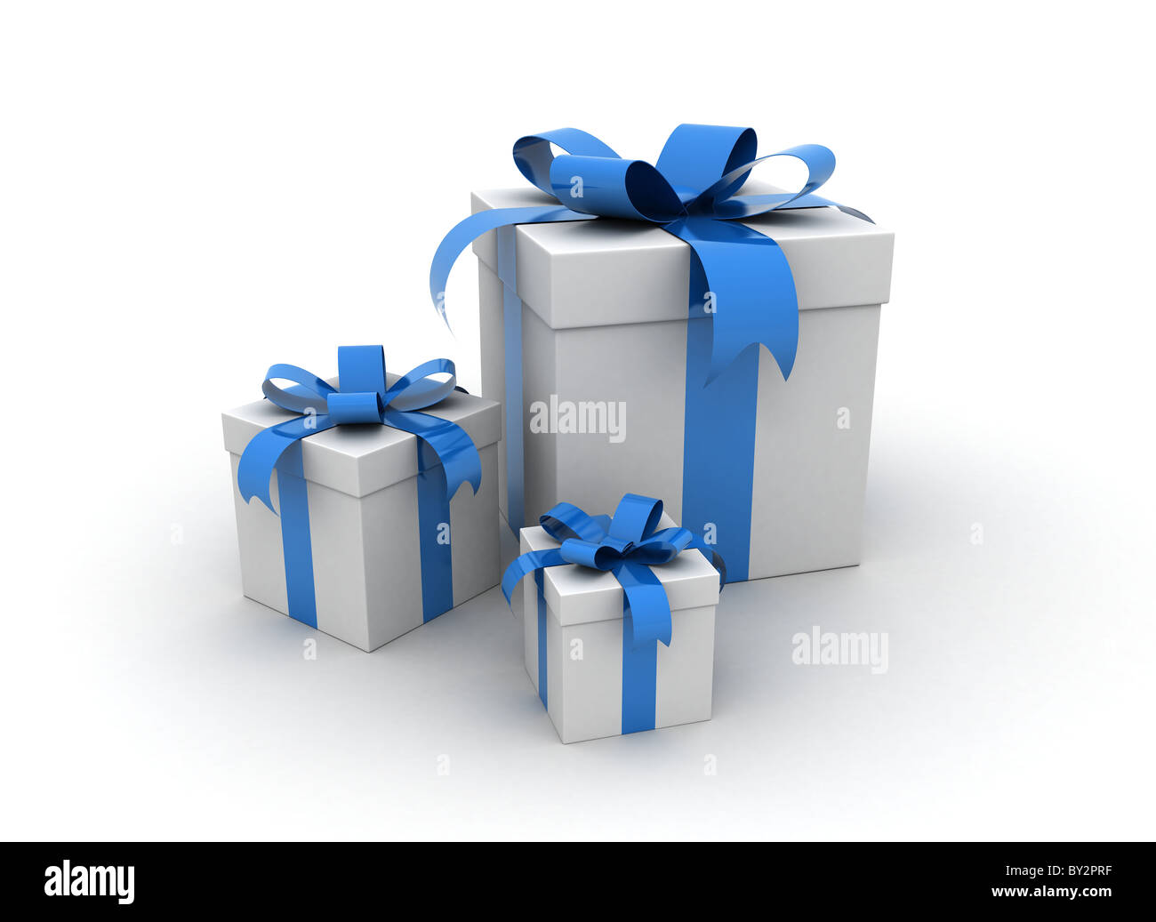 Three blue presents on white background Stock Photo - Alamy