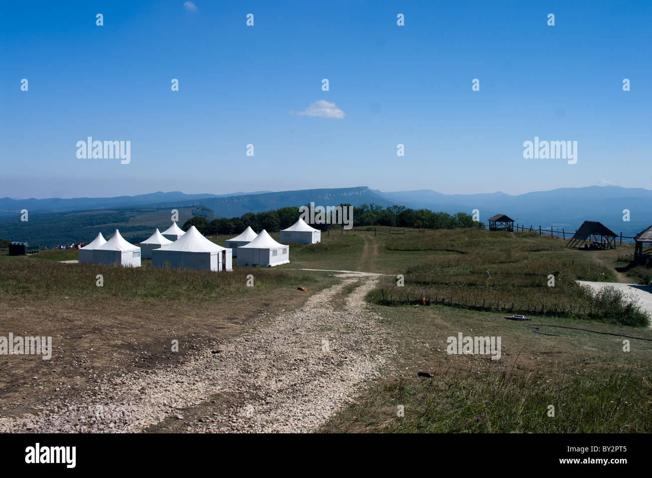 Tourist base: permanent tent camp in Adygei highlands on the Lago-Naki ...