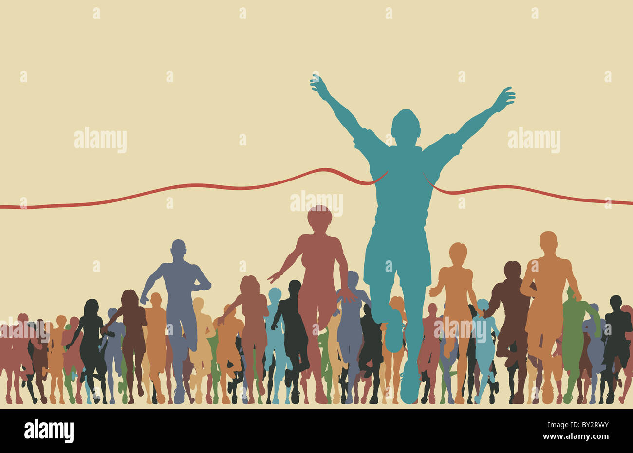 Colorful illustration of a man winning a race Stock Photo - Alamy