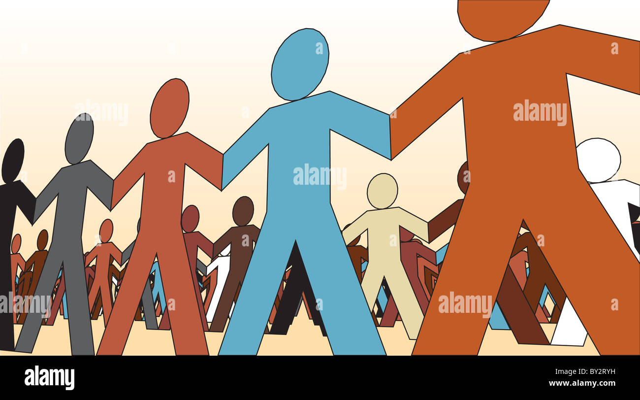 Colorful illustration of lines of paper men Stock Photo - Alamy