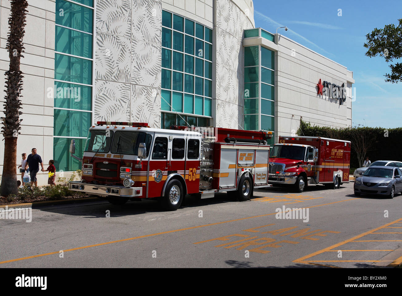 Fire engine and life squad at shopping mall Stock Photo - Alamy