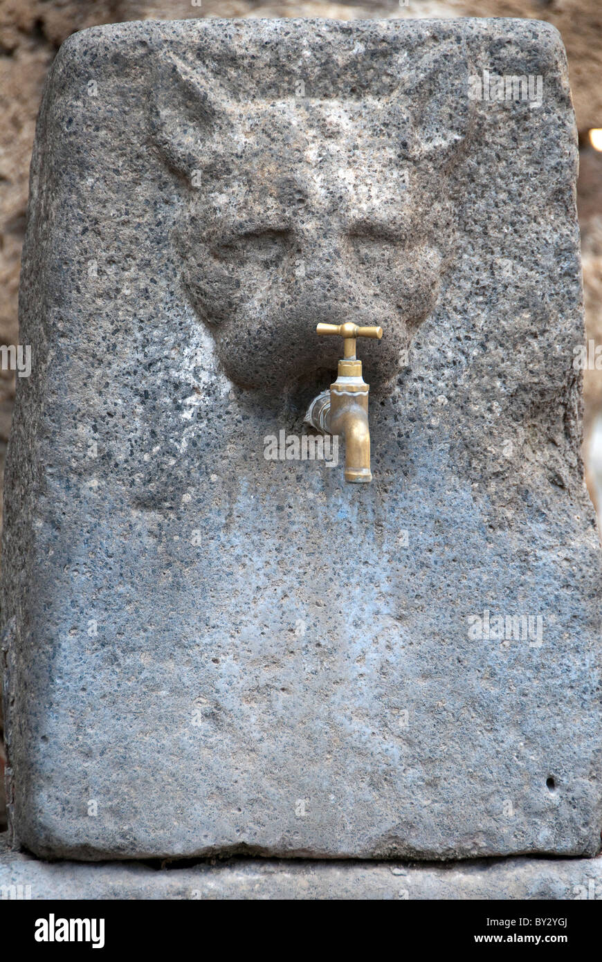 Modern tap or faucet set in an ancient stone font carved in the shape ...